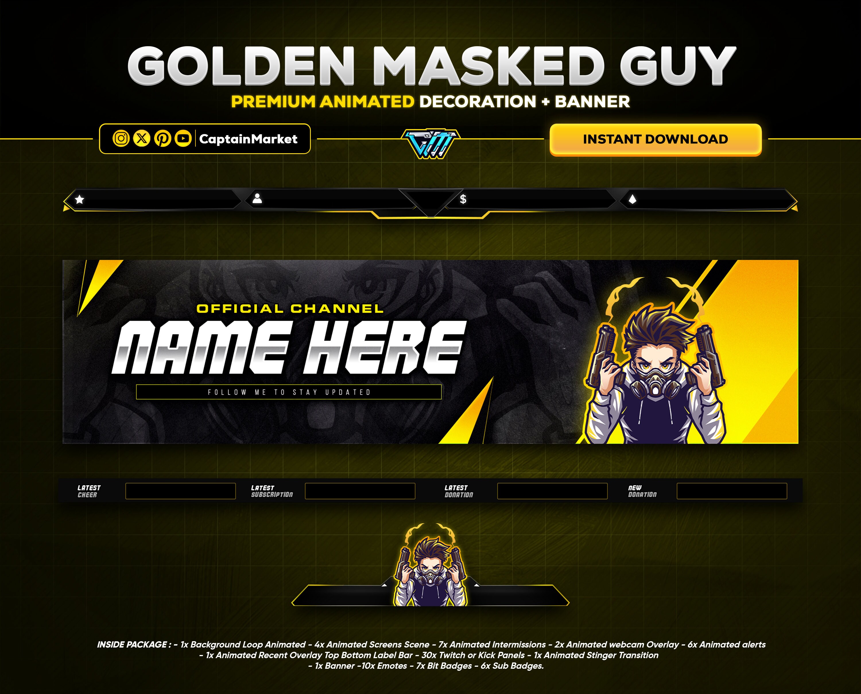 Yellow Animated Stream Overlay Package for Twitch,youtube,kick Screens ...