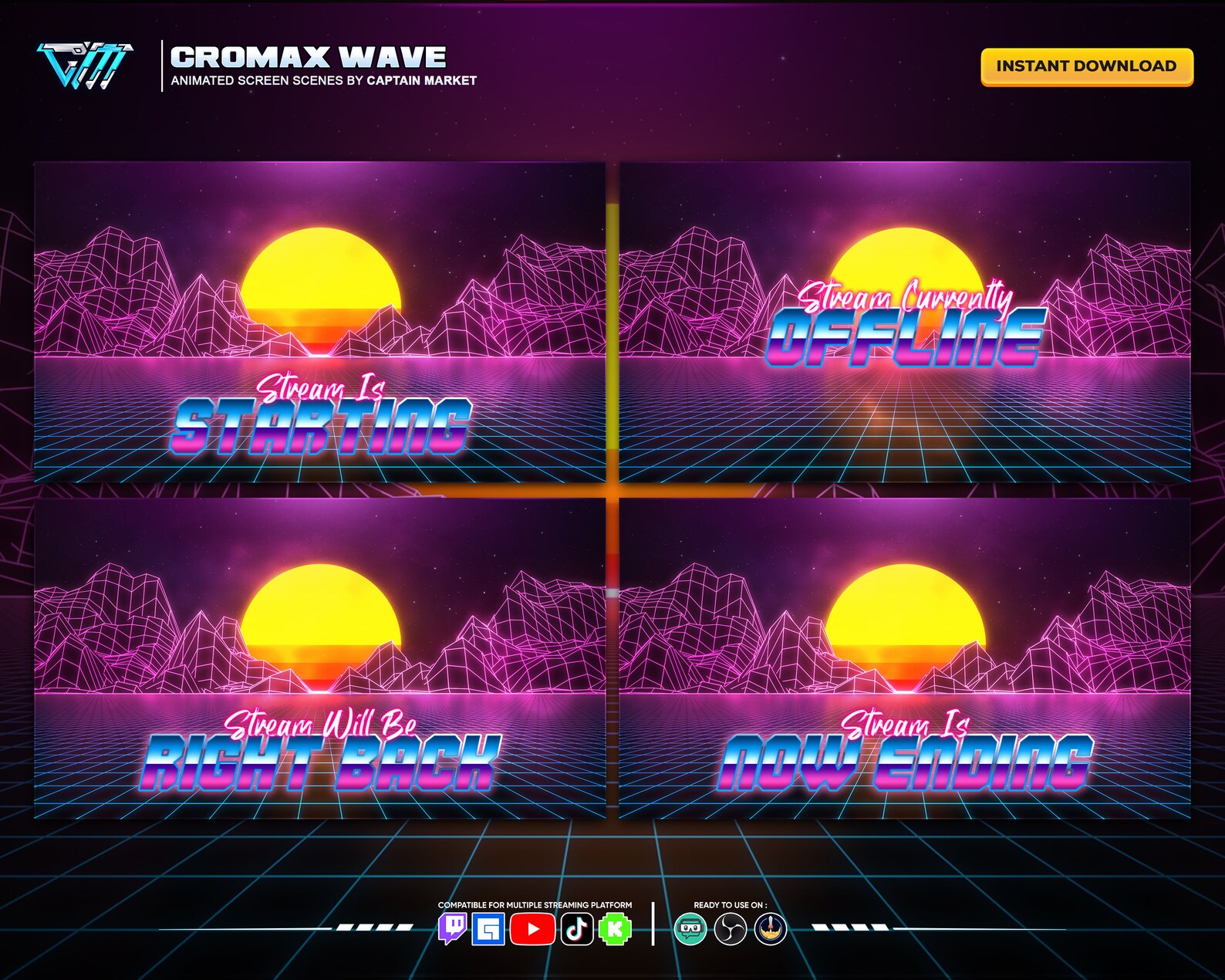 80s Retrowave Animated Stream Overlay Package for Twitch,youtube,kick ...