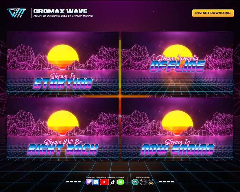 80s Retrowave Animated Stream Overlay Package for Twitch,youtube,kick ...