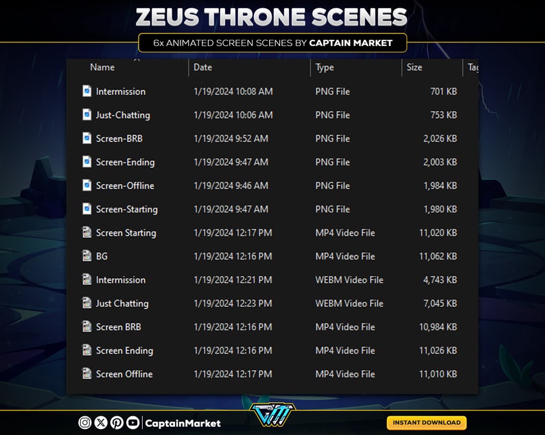 6x Blue Animated Screens Scene Package Zeus Throne Clean Animated Stream Overlay Pack for Twitch ...