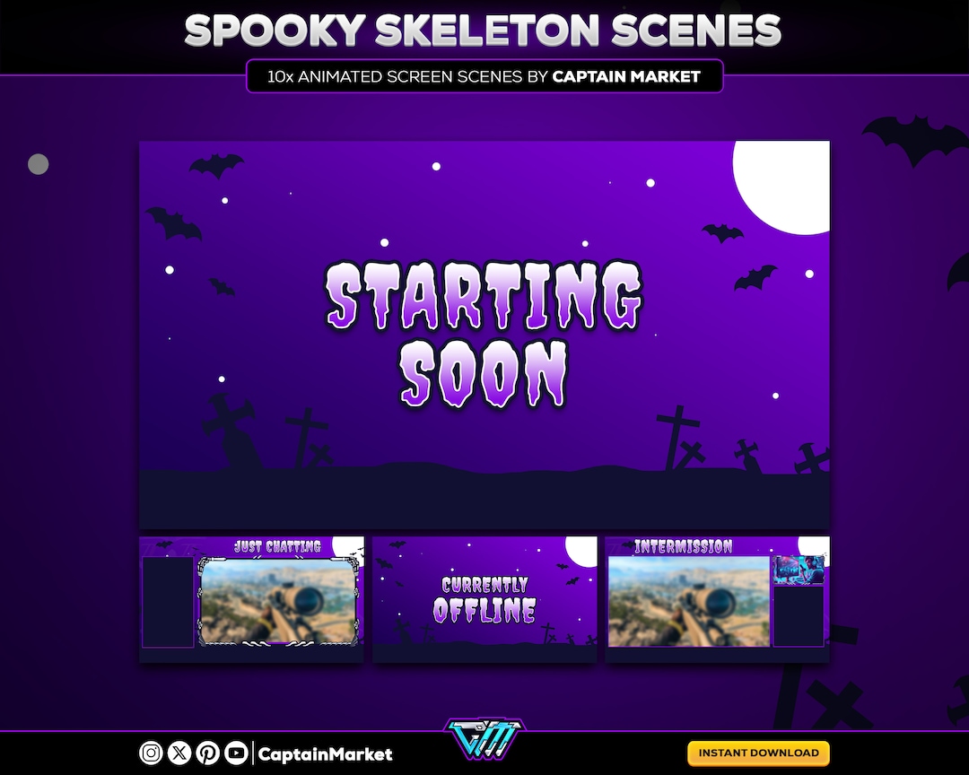 10x Spooky Skeleton Animated Stream Screens Scene Package for Twitch ...