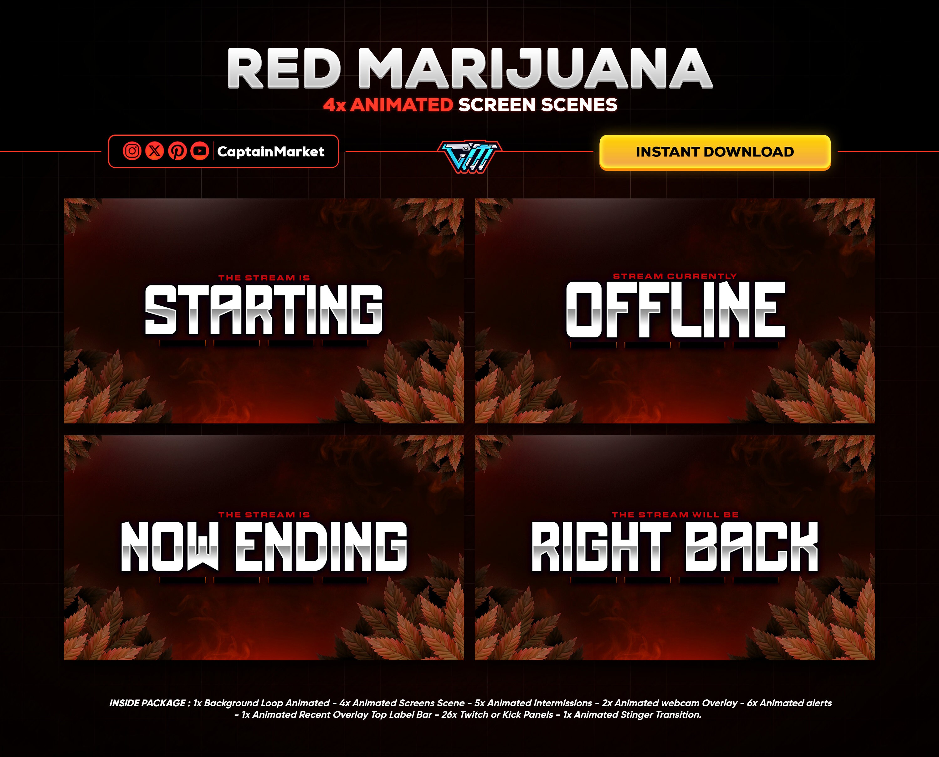 Red Marijuana Animated Stream Overlay Package for Twitch,youtube,kick ...