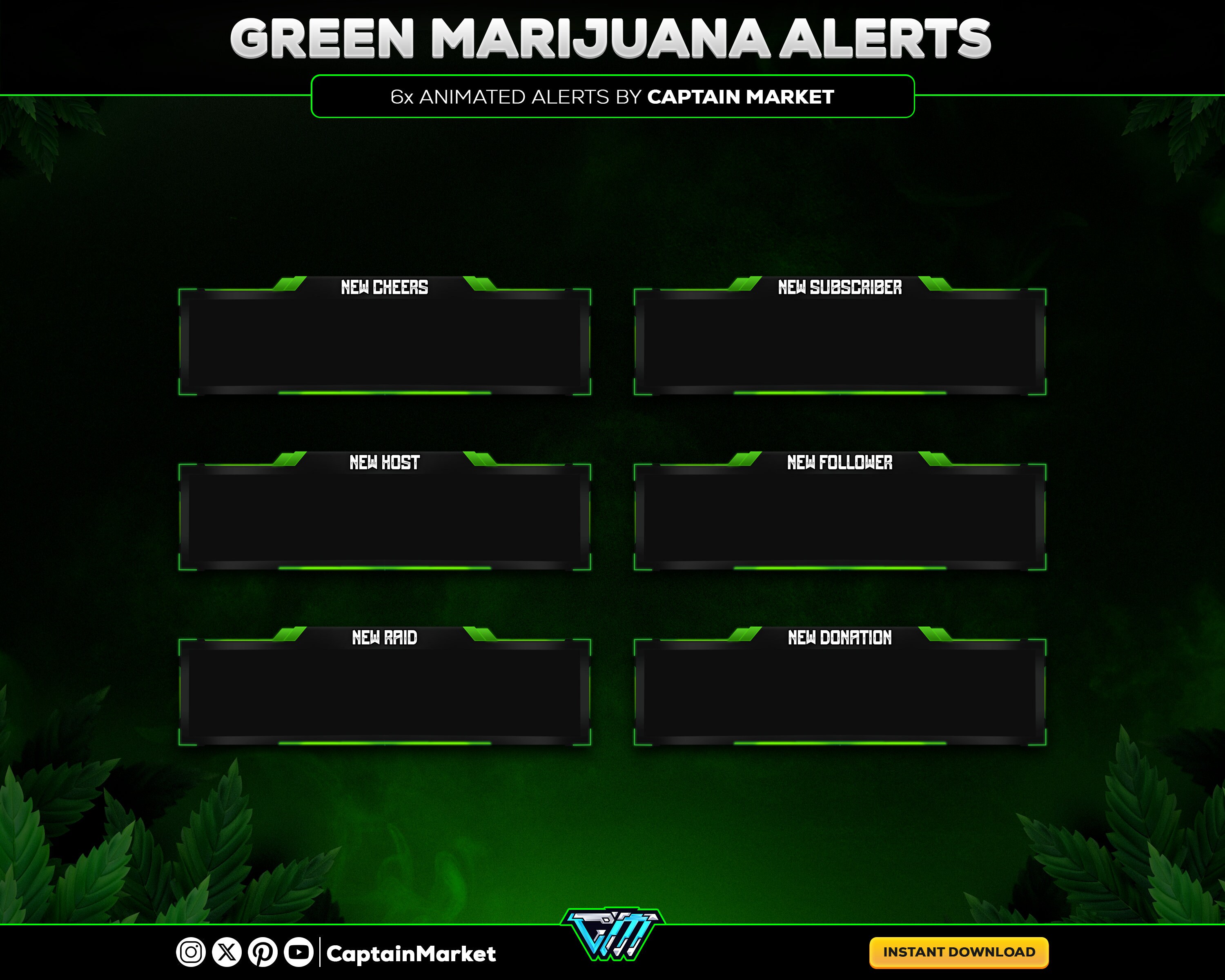 6x Green Marijuana Animated Stream Alerts Overlay Pack for Twitch,kick ...