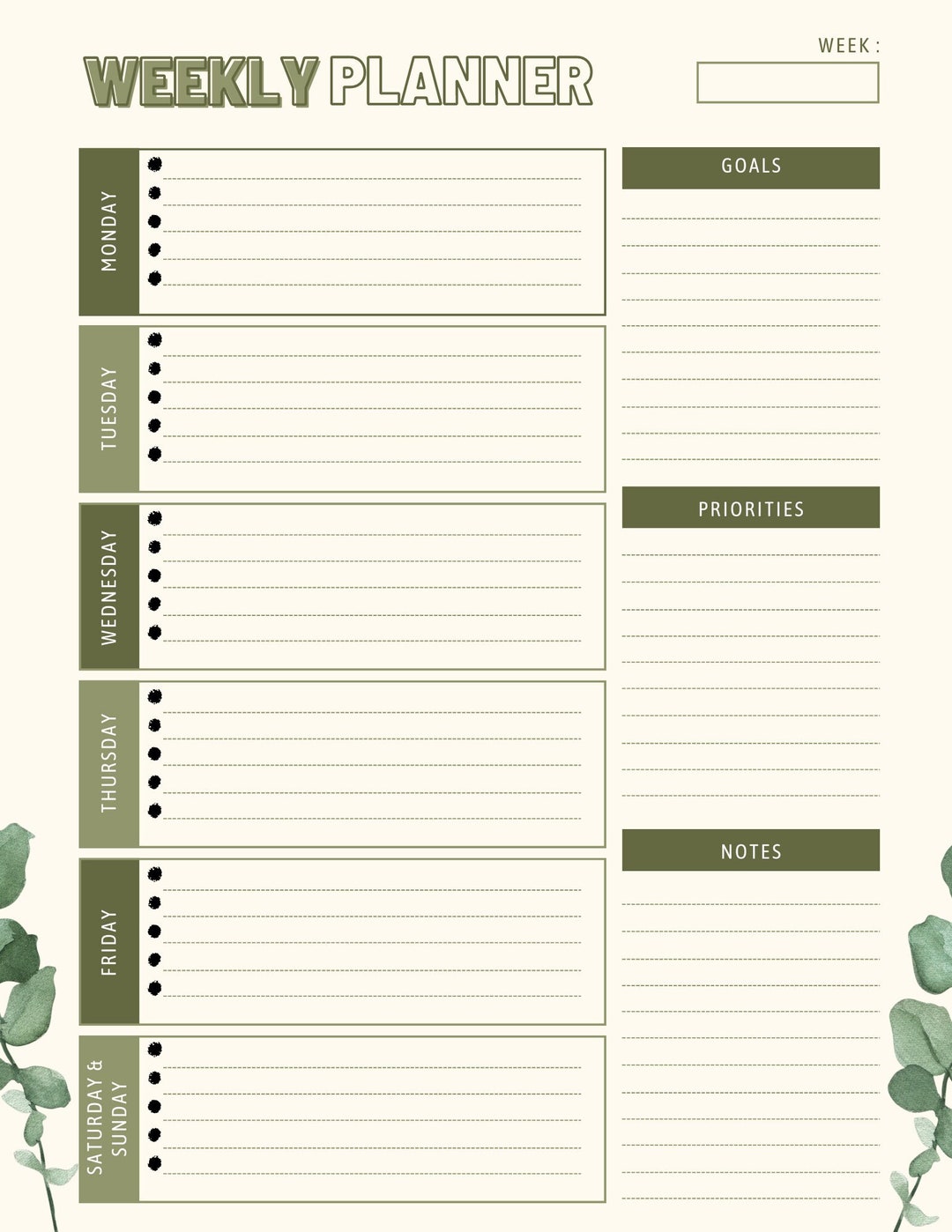 Green Weekly Planner Template - Etsy