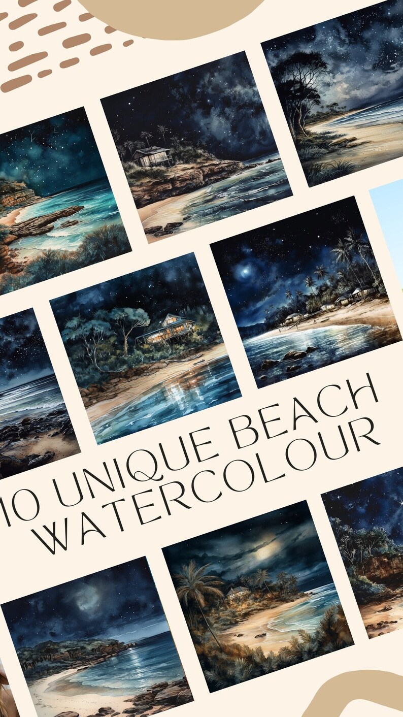 10 Pack Beach at Night Watercolor Digital Downloads, High Quality Beach ...