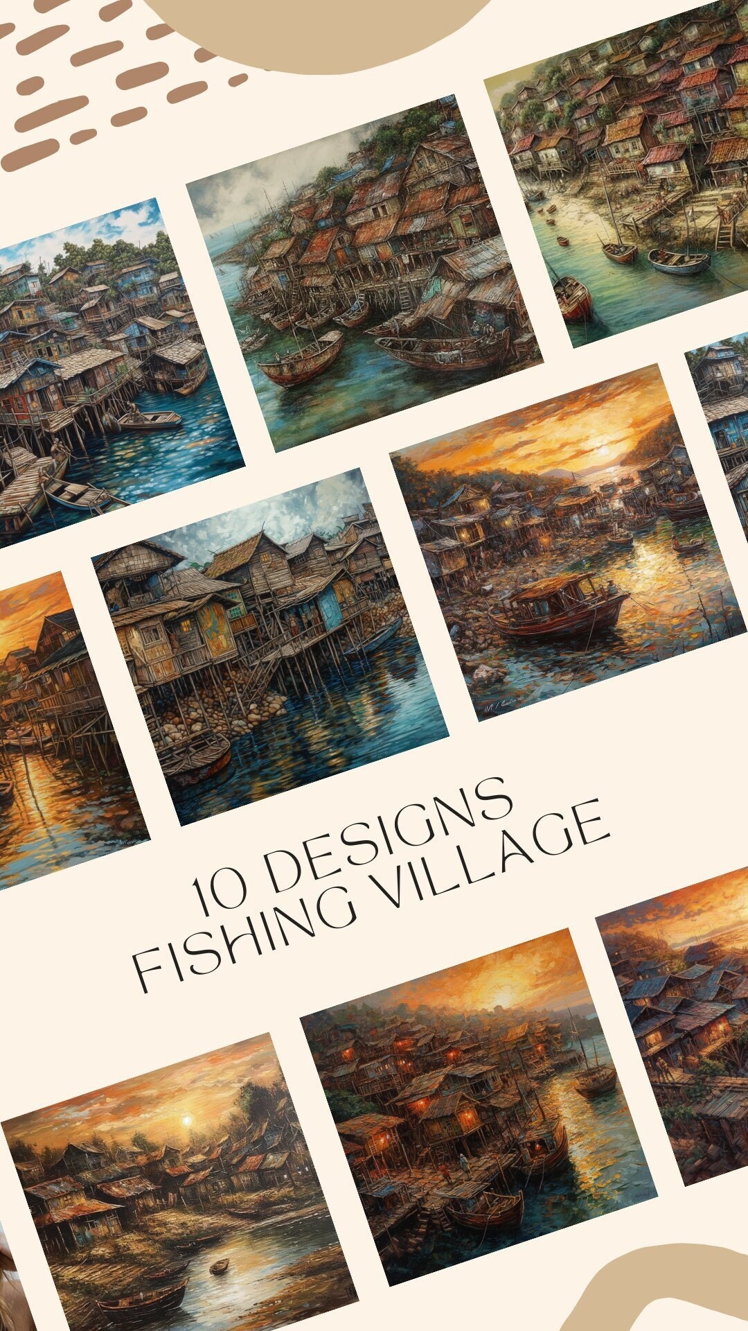 10 Pack Fishing Village Designs, High Quality Village Art, Canvas Print ...