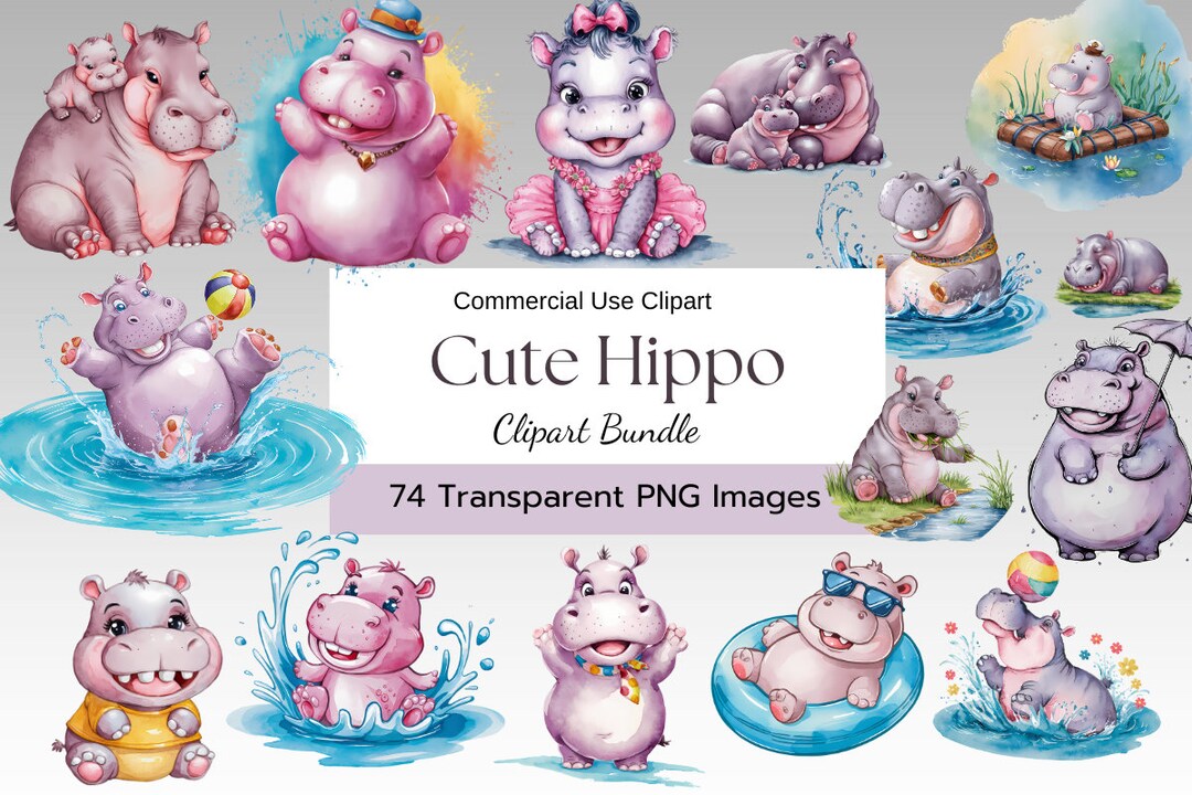Hippo Clipart Bundle , Cute Hippo Clipart , Digital Transparent ...