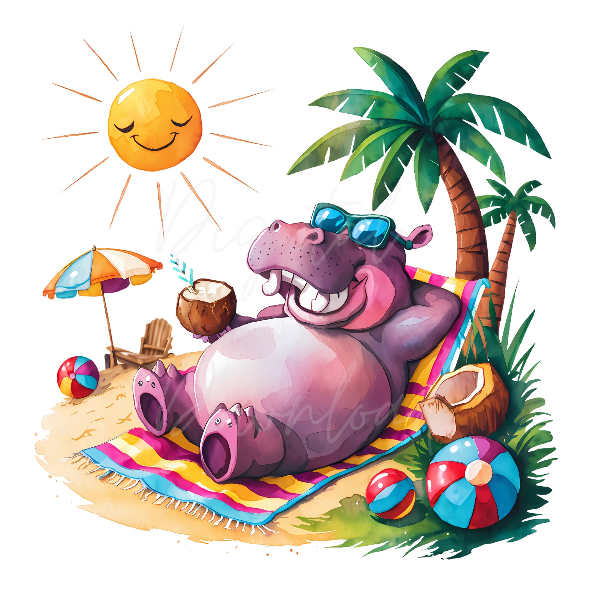 Sunbathing Hippo Clipart, Summer Hippo, Hippopotamus Animal Clipart ...