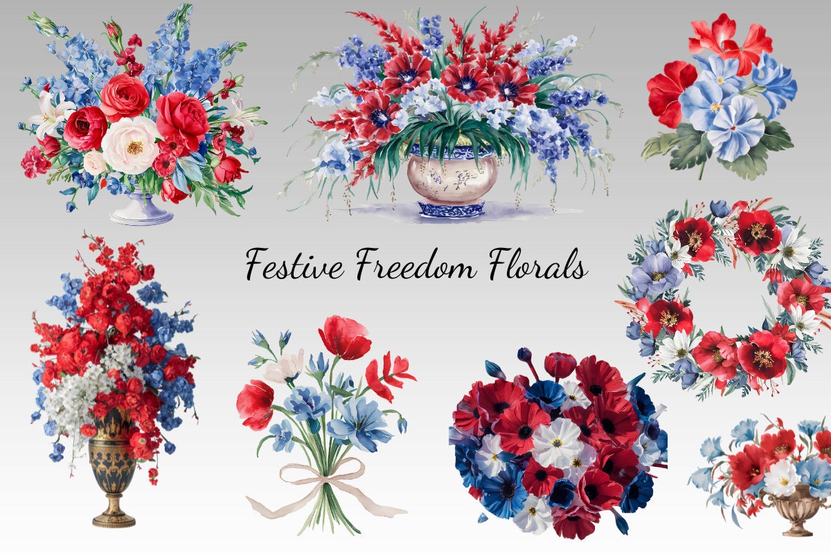 Freedom Florals Clipart Bundle, 4th of July Bouquet, Independence Day ...
