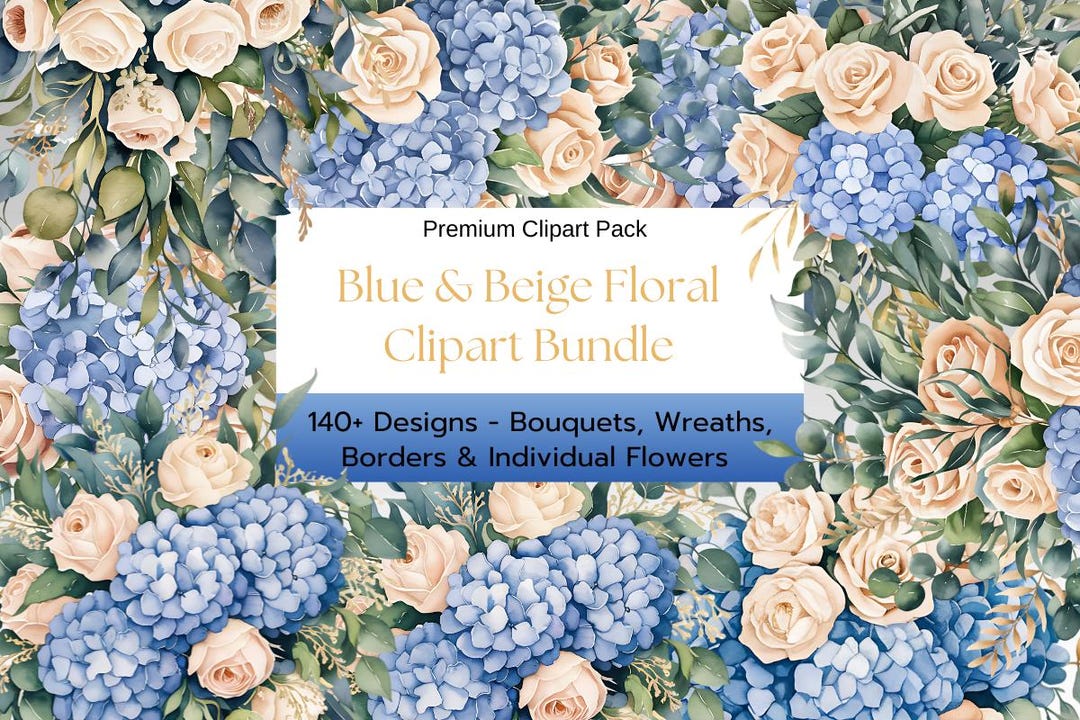 Blue & Beige Floral Clipart | Watercolor Flower PNG | Wedding Bouquet ...