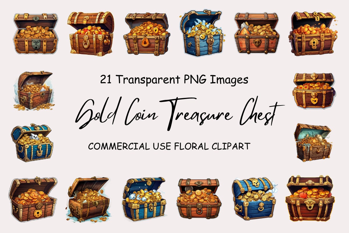 Treasure Chest Clipart Pack, Gold Coin Treasure Chest Graphics Clipart ...