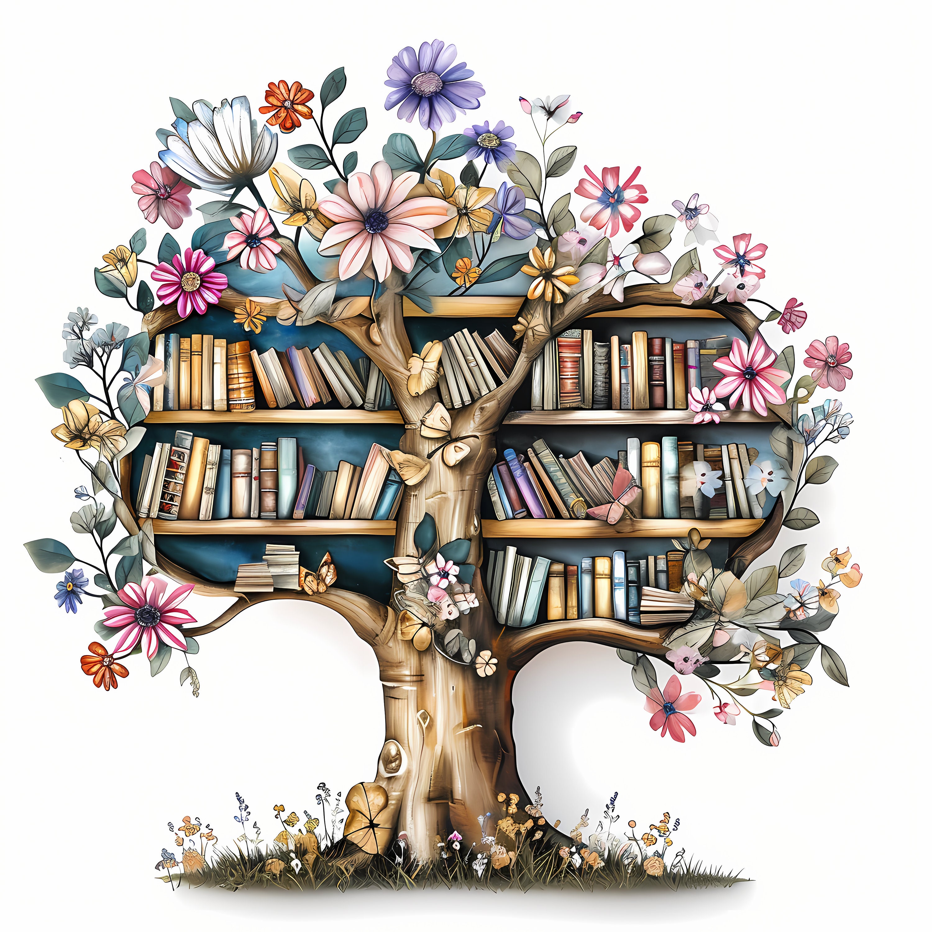Floral Tree Book Shelf Clipart , Book Lovers Gifts for Women, Cottage ...