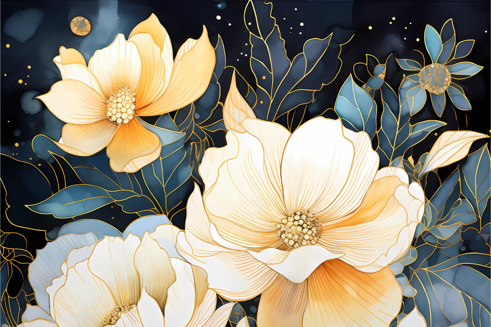 Golden Garden Flower Digital Paper Pattern, Metallic Gold Florals ...