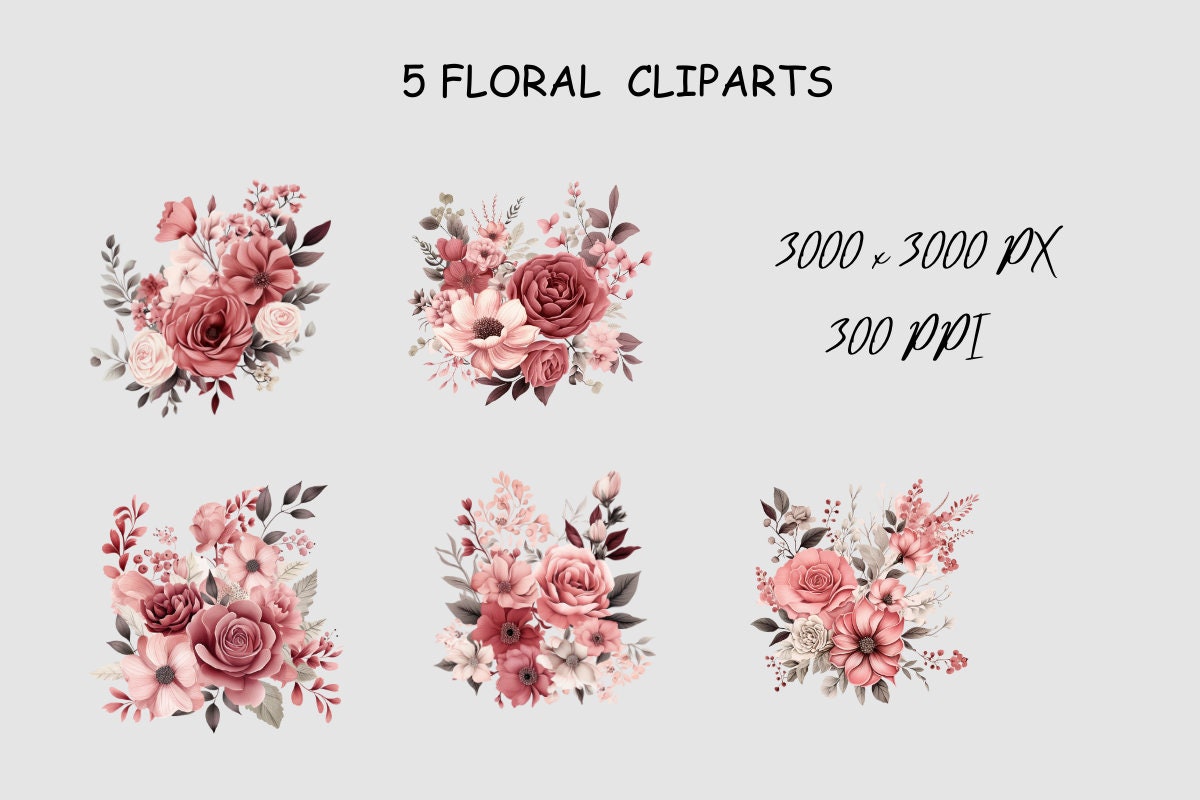 Rosewood Romance Floral Bouquet Clipart, Flower Png Files, Transparent Flowers Png, Commercial ...