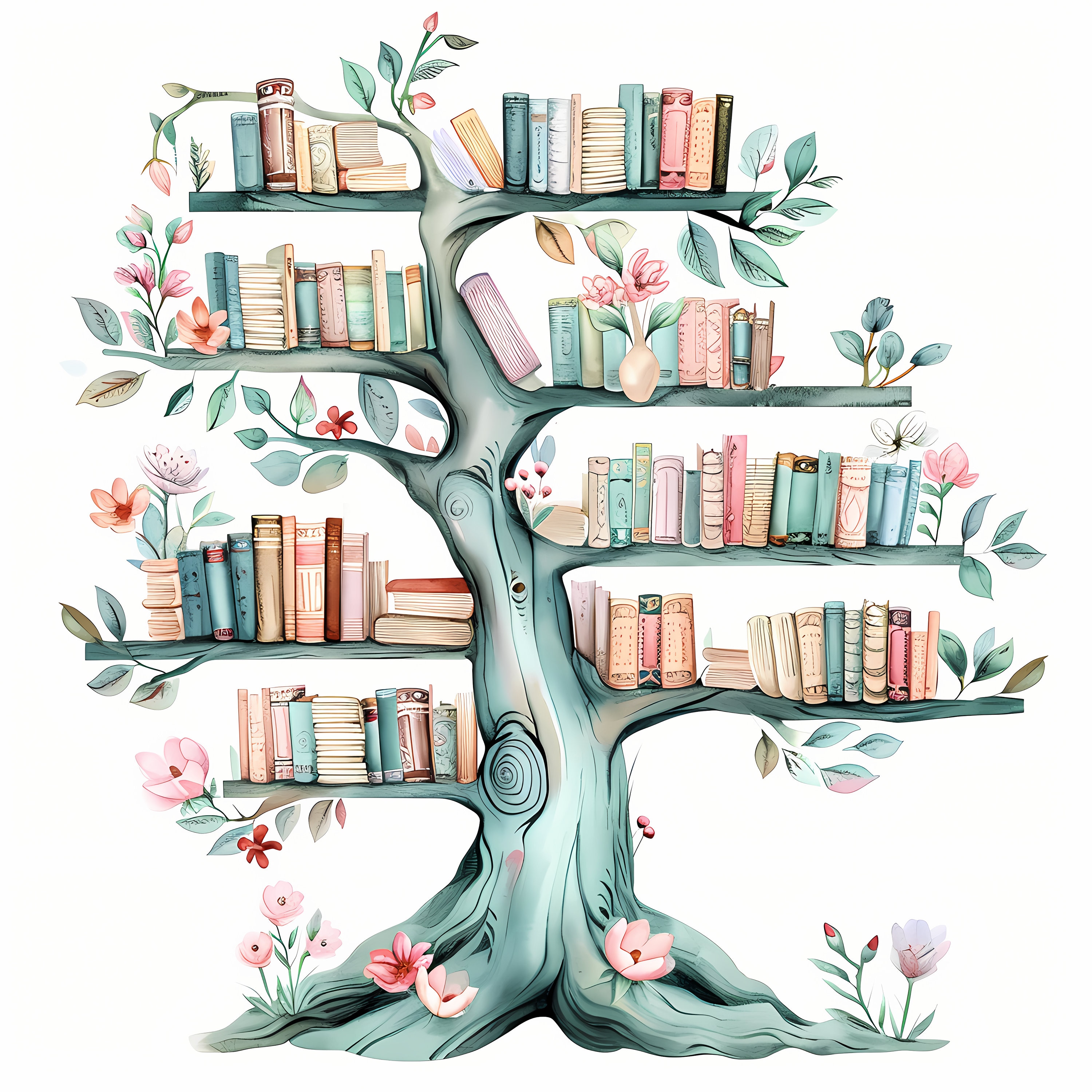 Floral Tree Book Shelf Clipart , Book Lovers Gifts for Women, Cottage ...