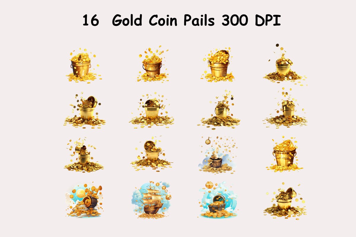 Gold Coin Pails Clipart Pack, Gold Coin Graphics Clipart, Commercial ...