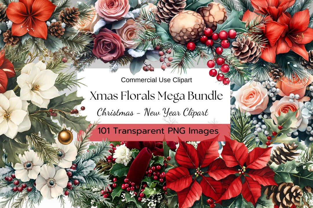 Xmas Floral Clipart Mega Bundle – 101 PNG Christmas Floral ...