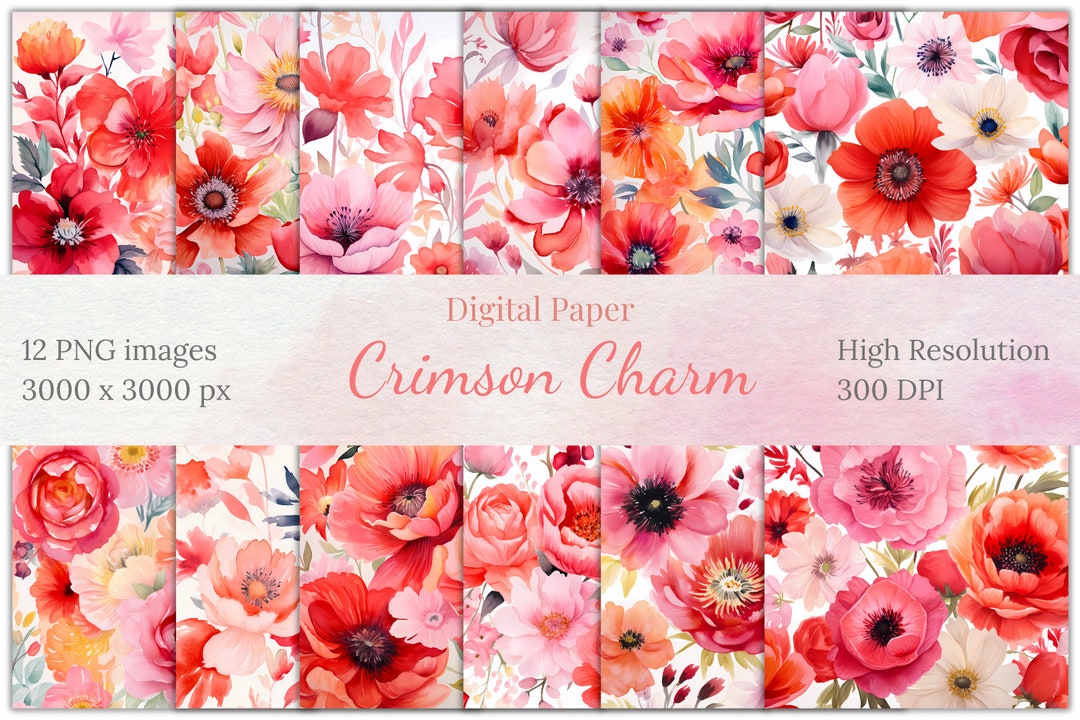 Crimson Charm Flower Digital Paper Pattern, Red Floral Digital Paper ...
