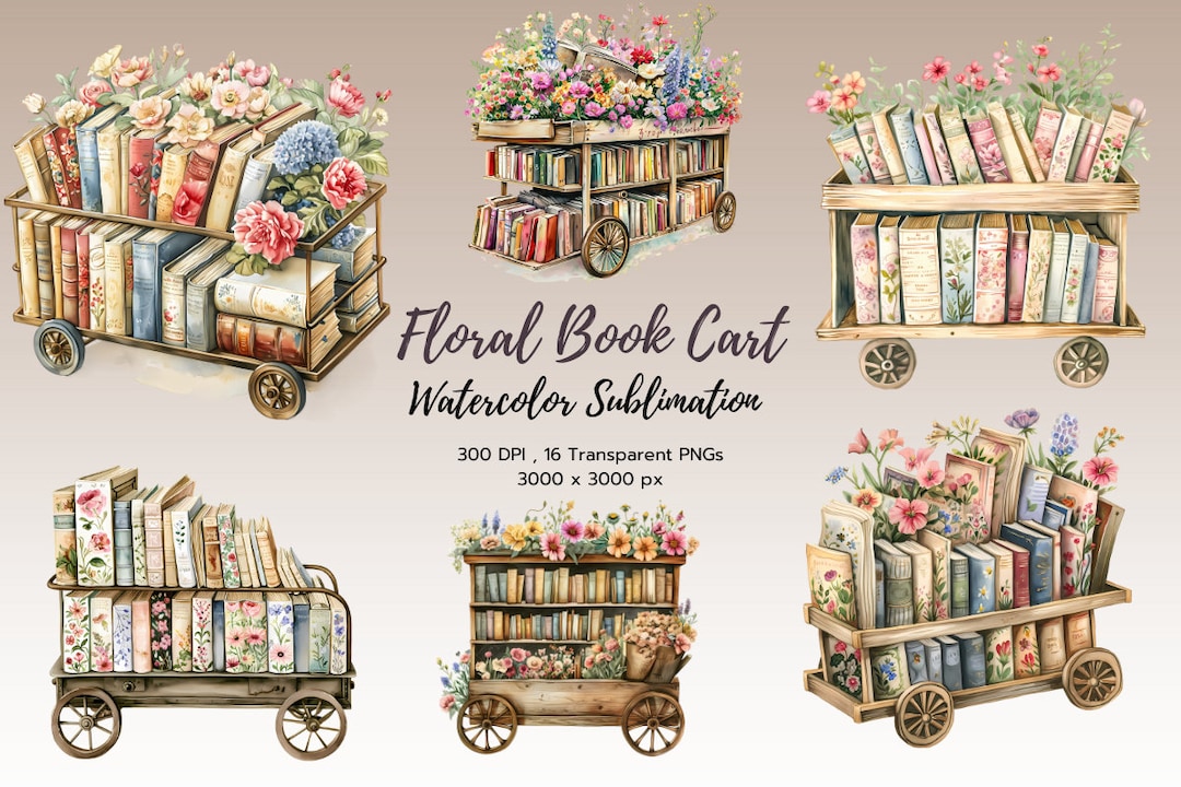 Floral Book Cart Clipart , Book Lovers Gifts for Women, Cottagecore ...