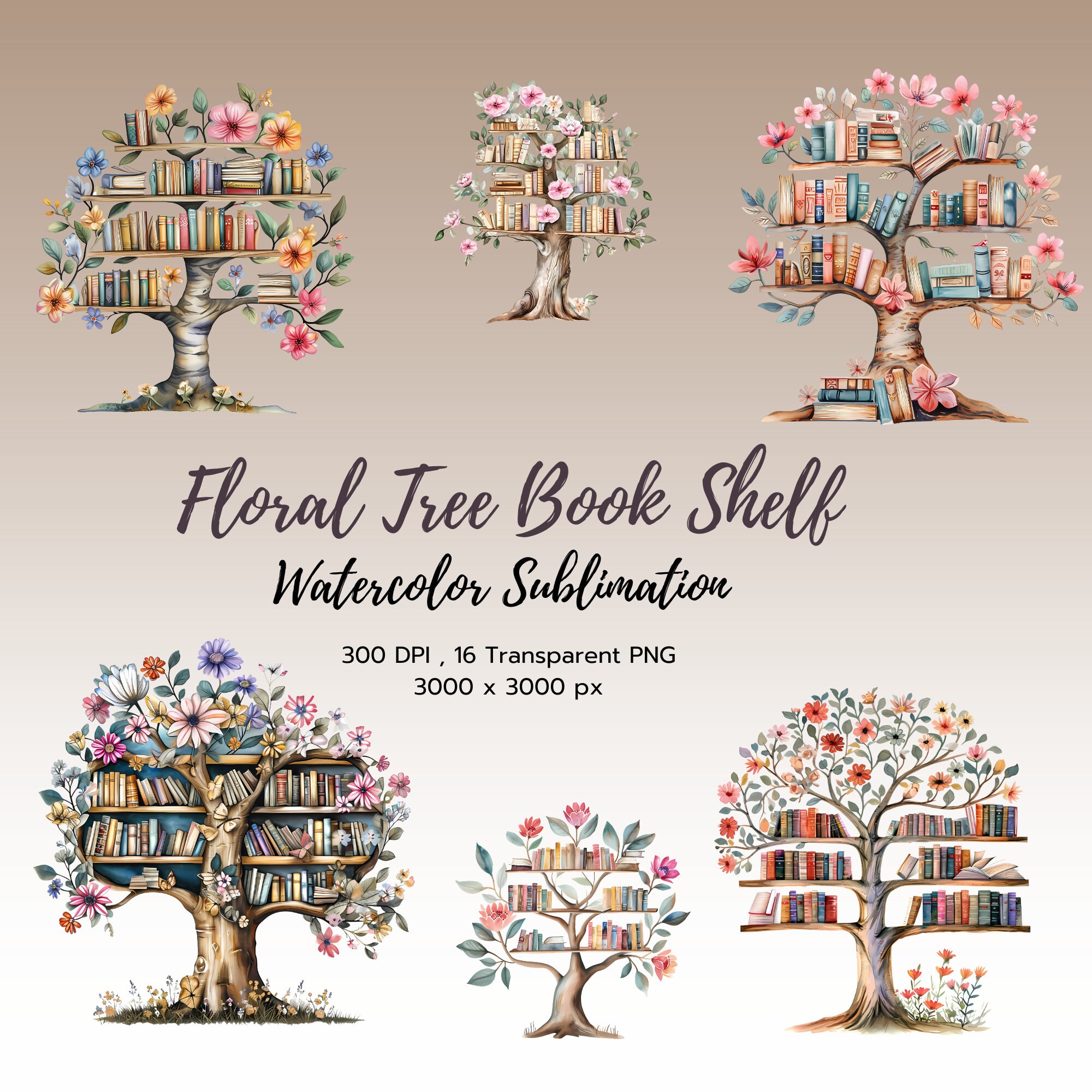 Floral Tree Book Shelf Clipart , Book Lovers Gifts for Women, Cottage ...