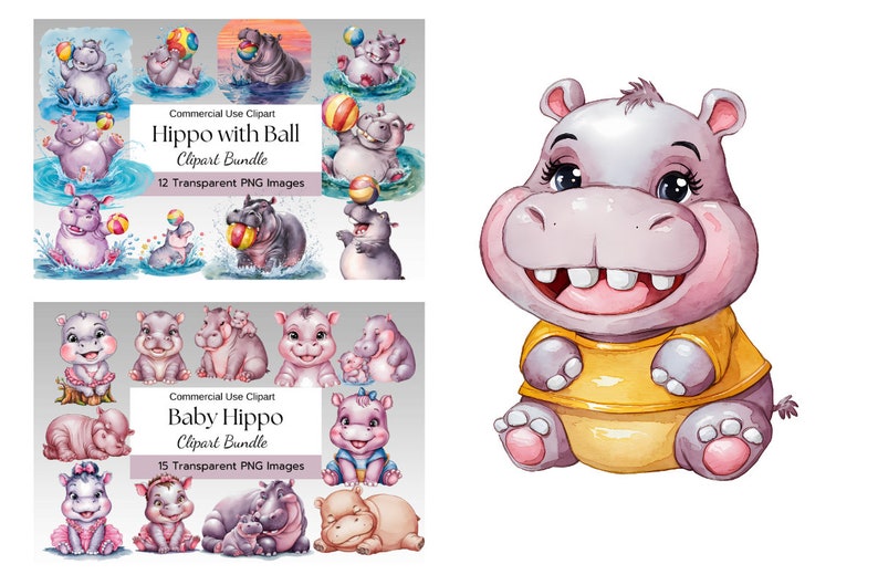Hippo Clipart Bundle , Cute Hippo Clipart , Digital Transparent ...