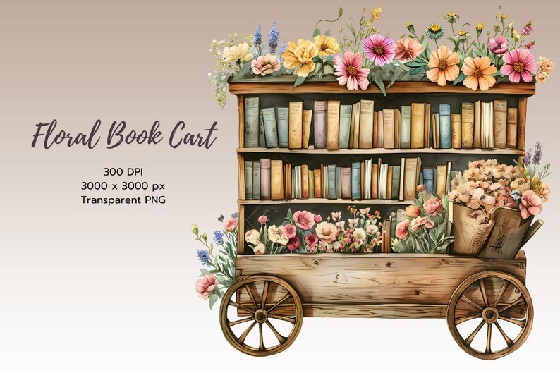 Floral Book Cart Clipart , Book Lovers Gifts for Women, Cottagecore ...