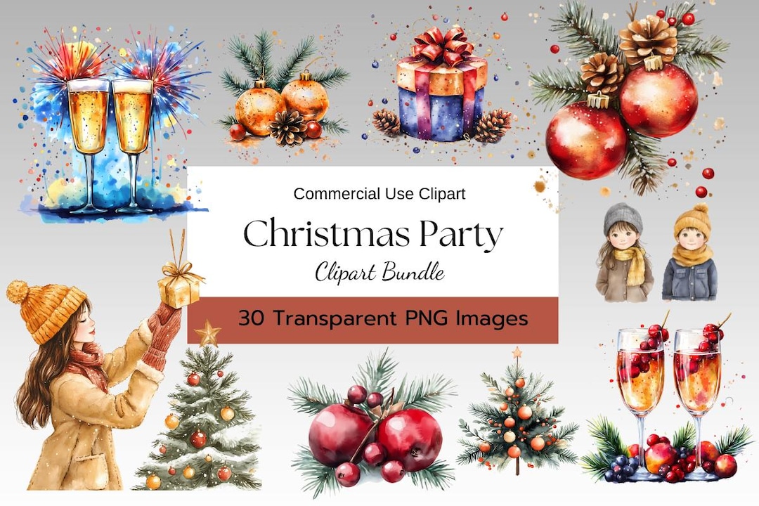 Christmas Party Clipart Bundle | 30 Festive Watercolor Pngs | Digital ...