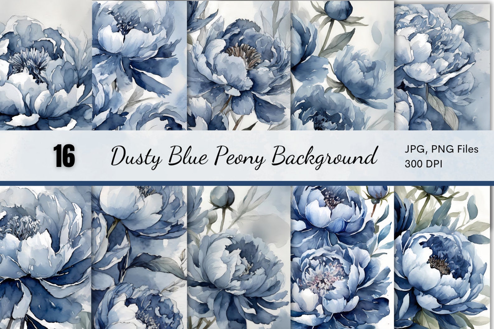 Dusty Blue Peony Floral Background, Digital Paper 300 DPI, 16 High ...