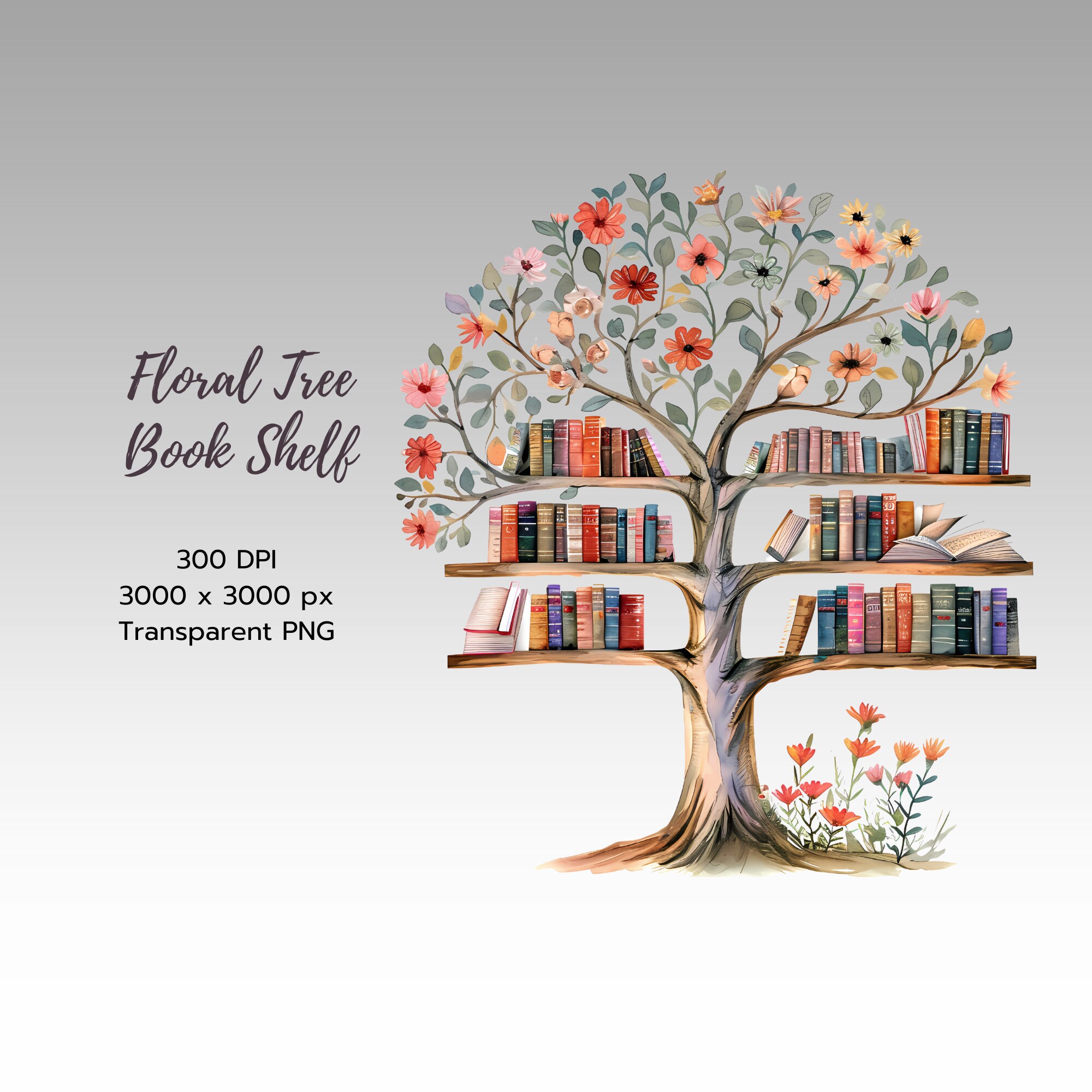 Floral Tree Book Shelf Clipart , Book Lovers Gifts for Women, Cottage ...