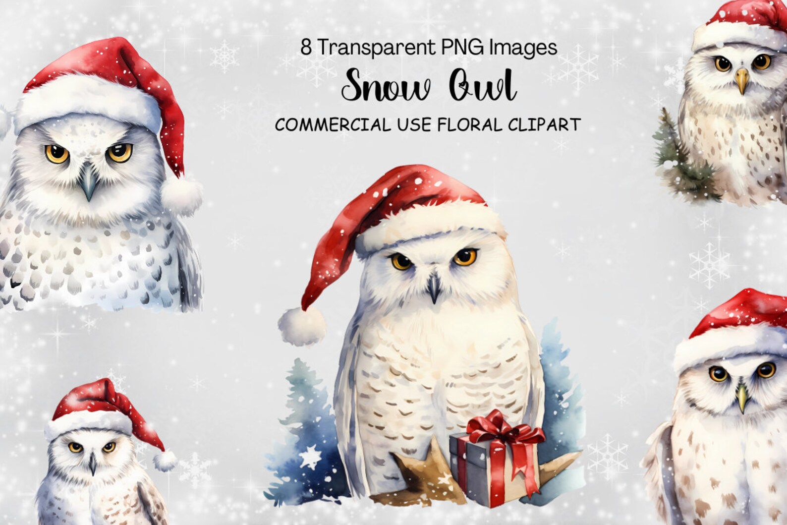 Christmas Owl Watercolor Clipart, Snow Owl Clipart PNG, Commercial ...