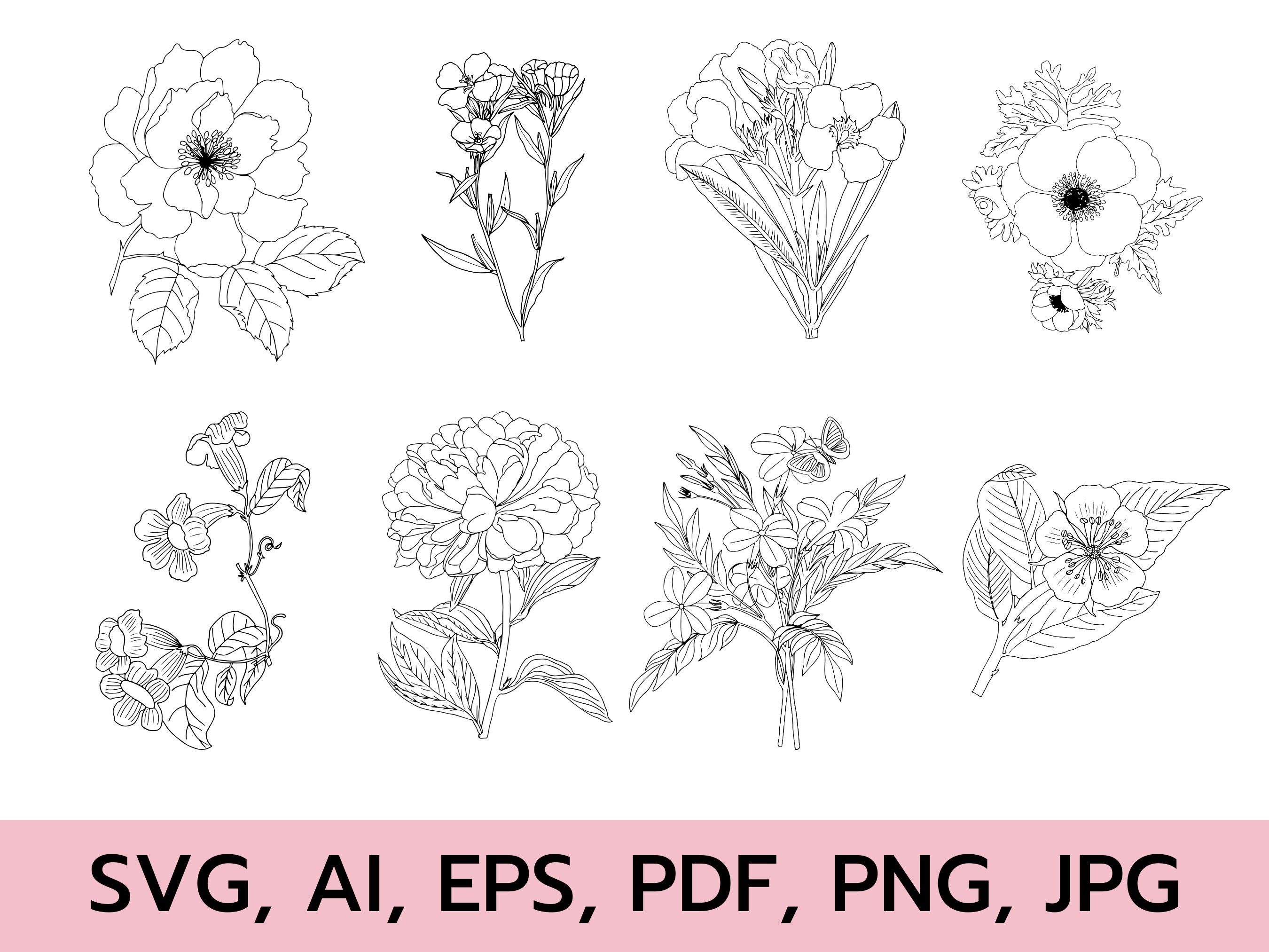 Vintage Clipart Bundle Floral Clipart Flower Line Art SVG - Etsy