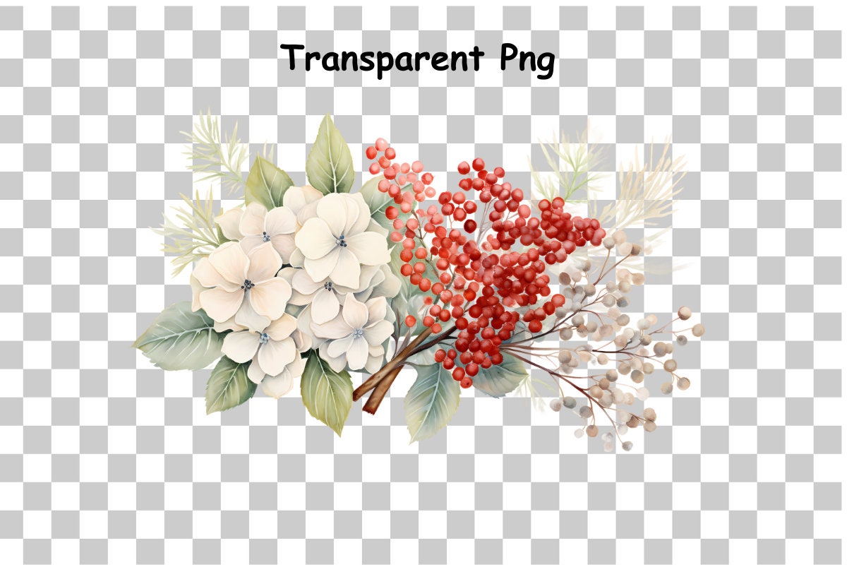 Scarlet Snow Cascade Clipart Pack, Hydrangea Cranberry Clipart, Winter ...