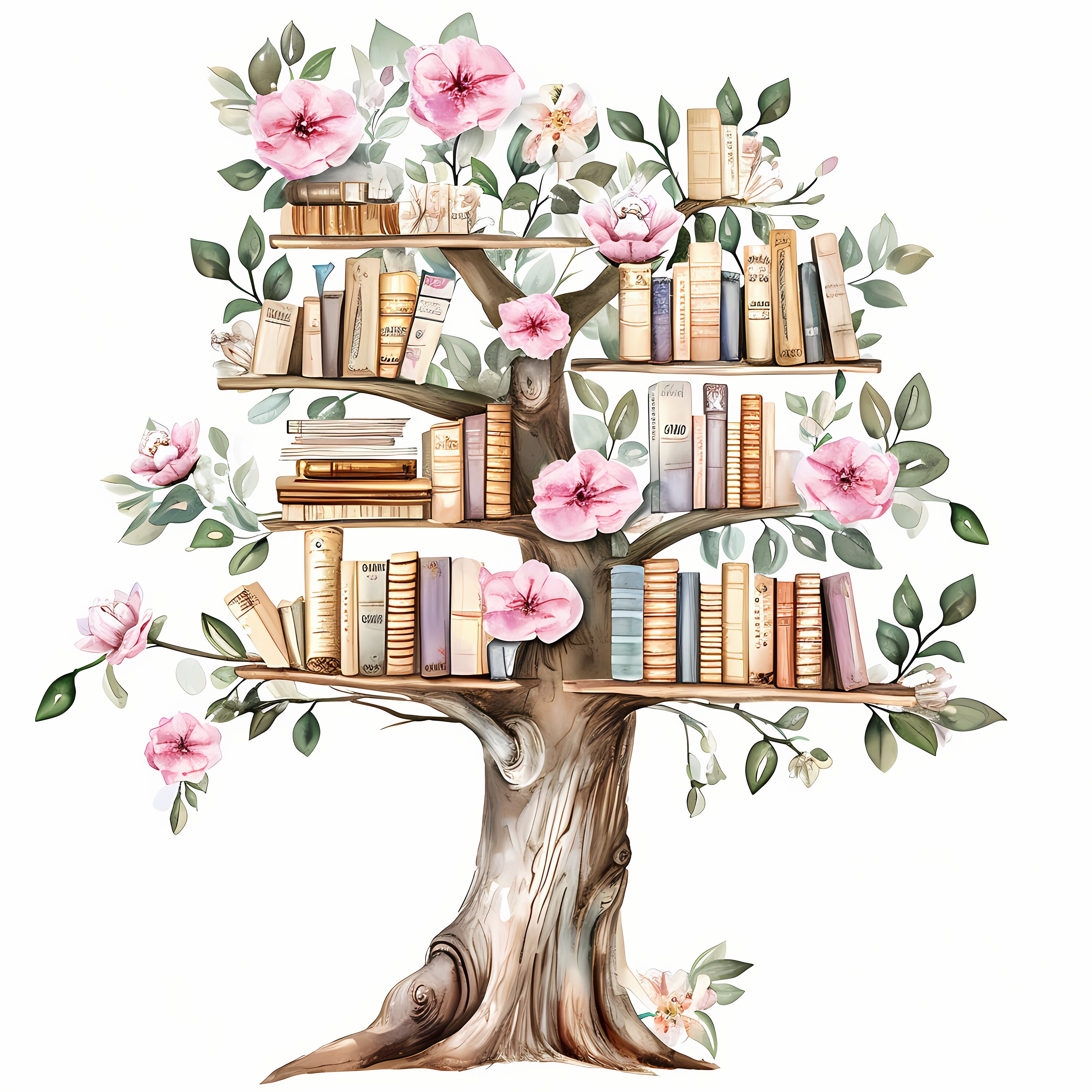Floral Tree Book Shelf Clipart , Book Lovers Gifts for Women, Cottage ...