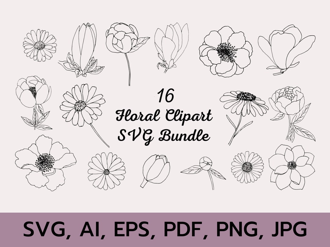 Floral Clipart, Flower Line Art SVG, Botanical Illustration, Vintage ...