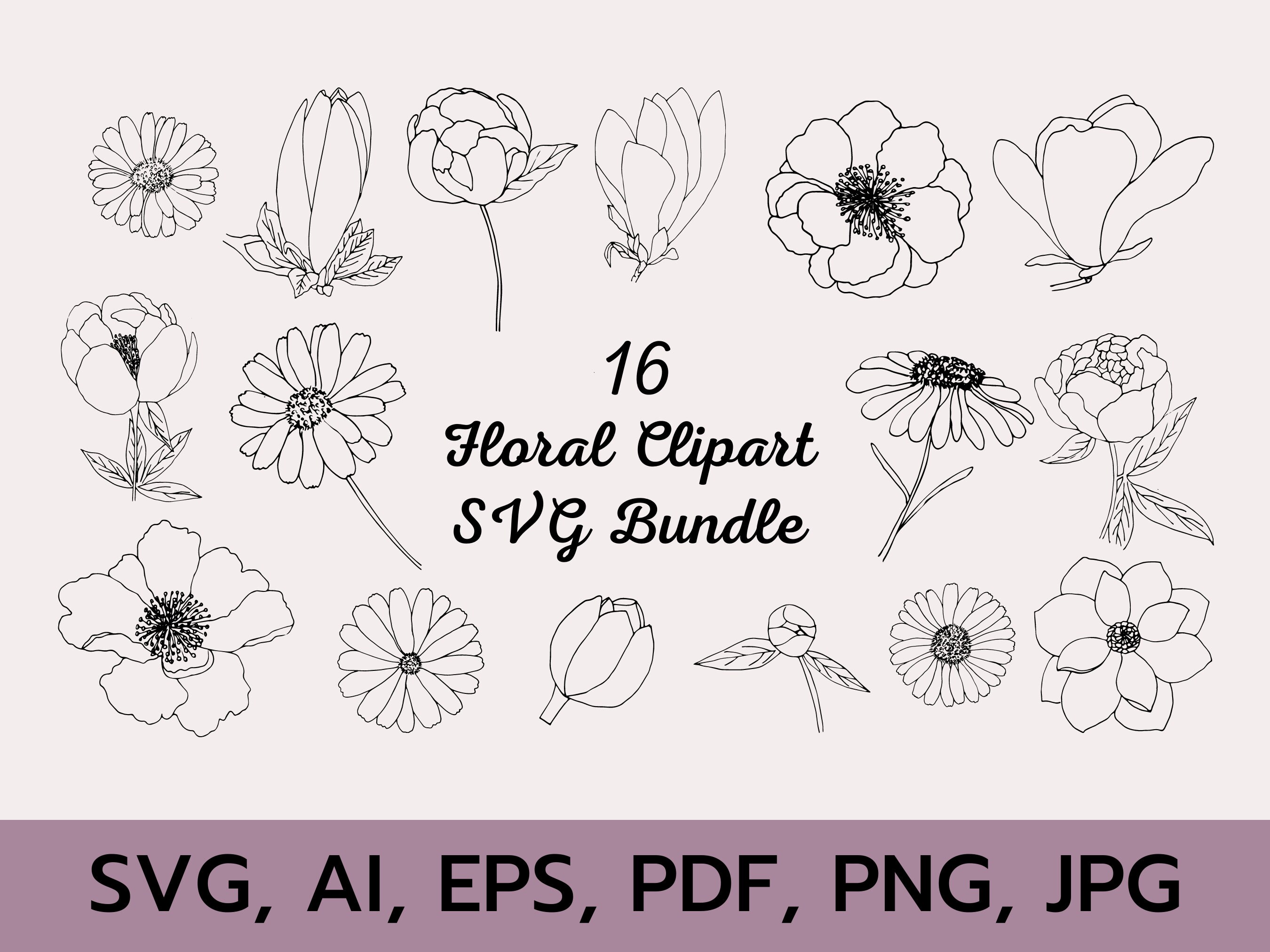 Floral Clipart, Flower Line Art SVG, Botanical Illustration, Vintage ...