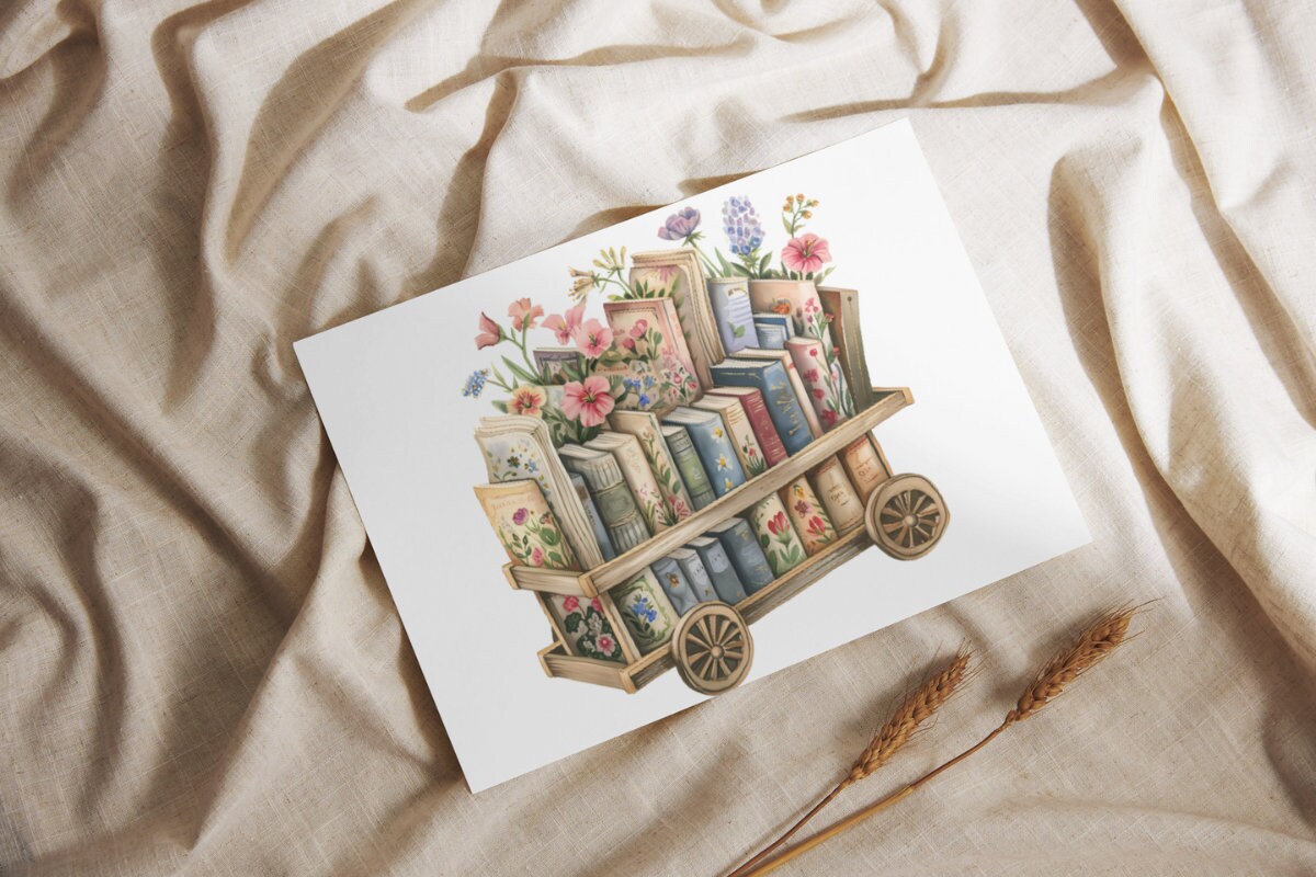 Floral Book Cart Clipart , Book Lovers Gifts for Women, Cottagecore ...