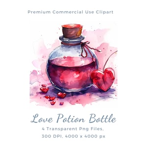 Red Heart Love Potion Bottle Clipart Set, Watercolor Motif, 4 ...