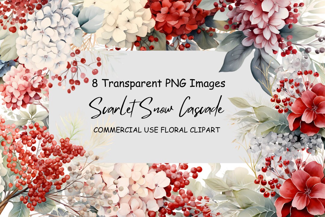 Scarlet Snow Cascade Clipart Pack, Hydrangea Cranberry Clipart, Winter ...