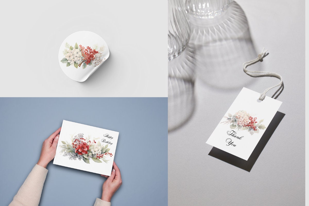 Scarlet Snow Cascade Clipart Pack, Hydrangea Cranberry Clipart, Winter ...