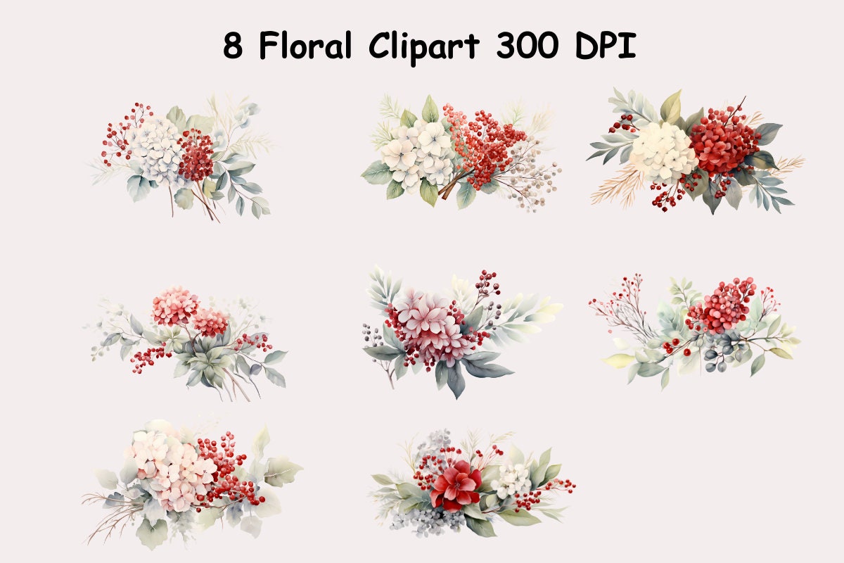 Scarlet Snow Cascade Clipart Pack, Hydrangea Cranberry Clipart, Winter ...