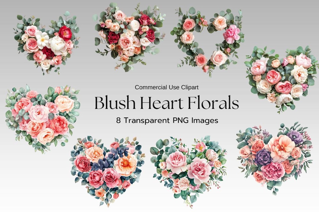 Blush Heart Florals Clipart Pack - Romantic Flower Bouquets - 8 PNG ...