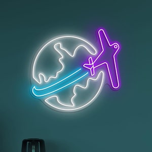 World Neon Sign, Travel World LED Light, Airplane Wall Decor, Earth ...