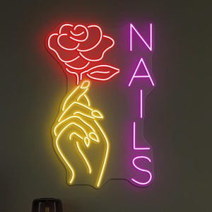 Nails Neon Sign, Nails LED Light, Hand Hold Rose Wall Decor, Custom ...