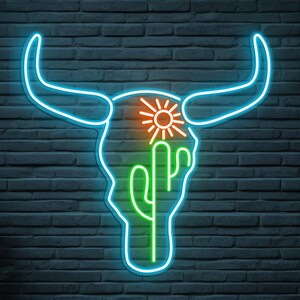 Bull Head Neon Sign, Bull Skull LED Light, Bull Skull & Cactus LED ...