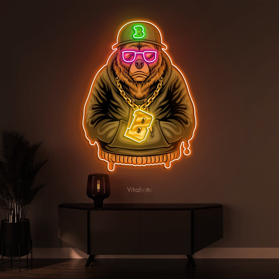 Rapper Bear Pop Art LED Light Neon Sign, Music Lovers Bar Game Room Art ...