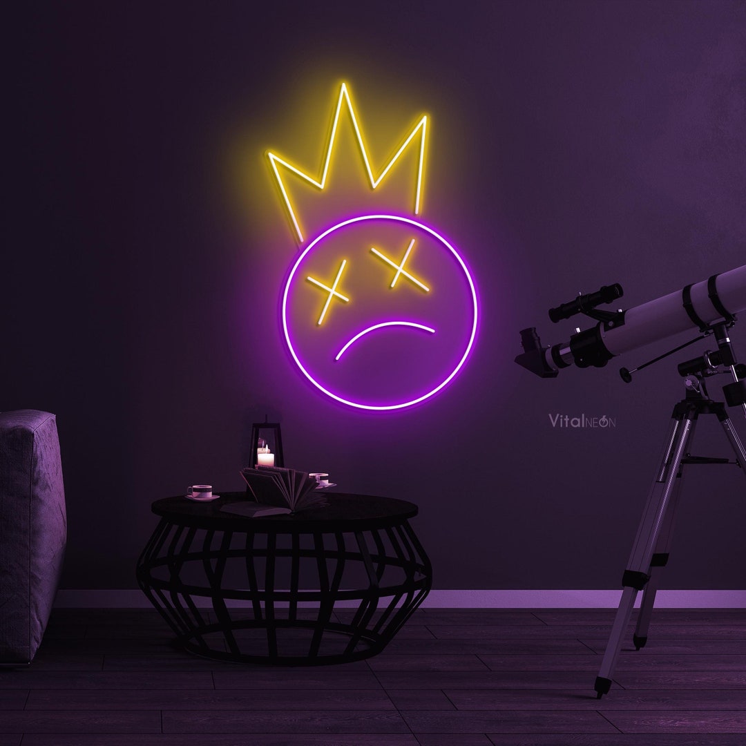 Crowned Sad Face Neon Sign, Crowned Sad Face LED Light, Moody LED Neon ...