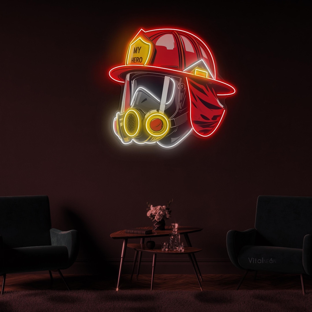 Firefighter Helmet Neon Sign, Firefighter Helmet LED Light, My Hero Tag ...
