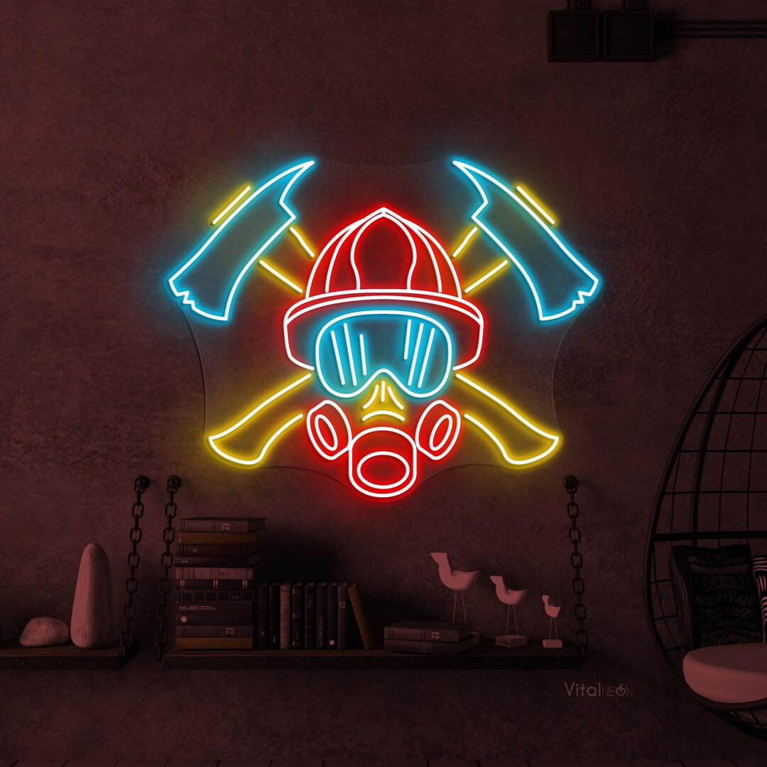 Firefighter Helmet Neon Sign, Axe Wall Art, Fire Department Decor - Etsy
