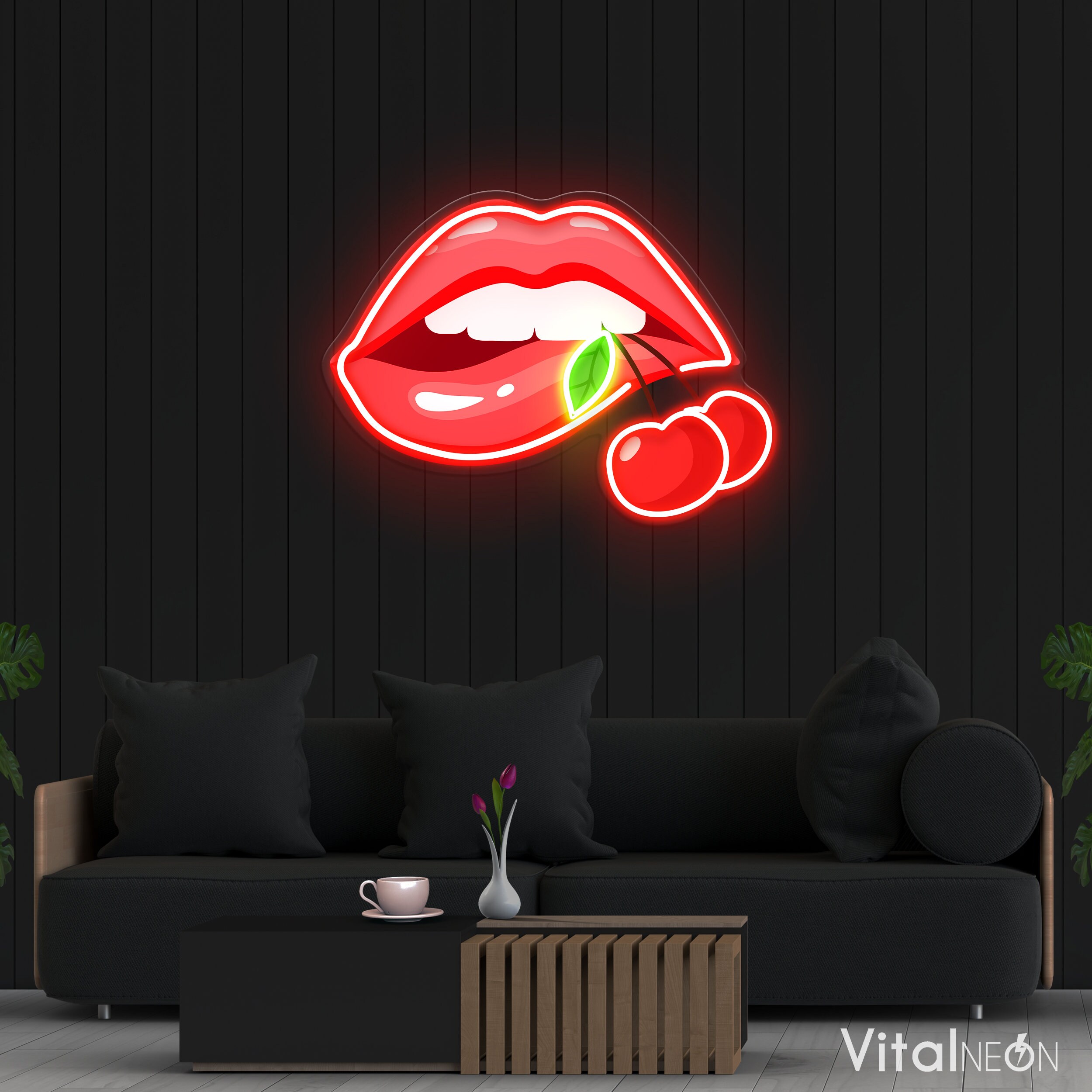 Lips Biting Into a Cherry Neon Sign, LED Wall Decor, Lips Art, Unique ...