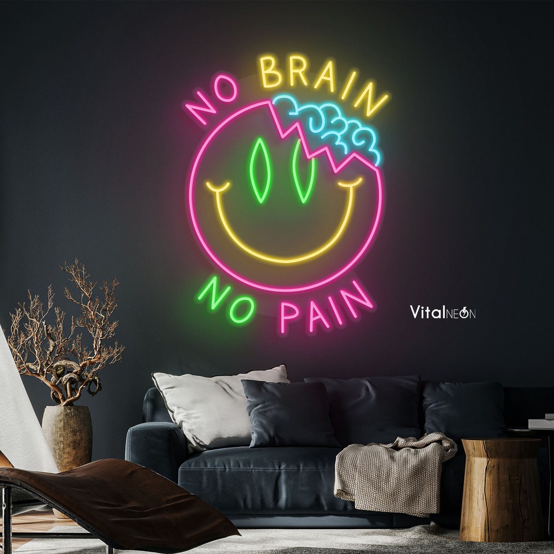 No Brain No Pain Neon Sign, Emoji LED Light, Gym Wall Decor ...